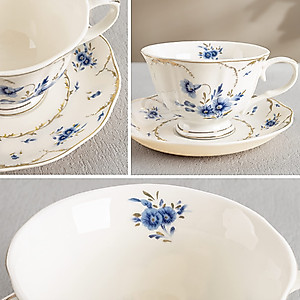 fanquare Blue Tea Cup and Saucer Set for 1, Floral Coffee Cup with Plate Set, English Porcelain Tea Cup, 7.4oz