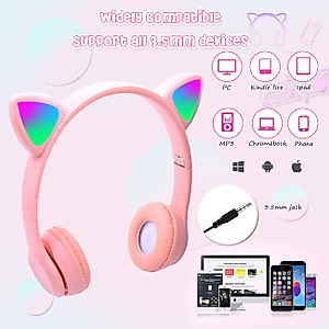 Pink Headphones for Kids, Megedream Cat Ear Led Light Up Kids Headphones Wiressless, 3.5mm Jack Wired, TF Card 3 in 1 Headset for Kids/School/iPad/Kids Tablet/Travel - Foldable Over