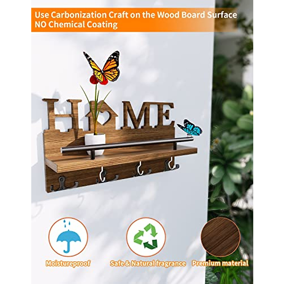 SWTYMIKI Key Holder for Wall with Home Decoration, Wood Mail Organizer with Double Key Hooks & Mail Holder Design, Wall Mounted Key Hanger for Entryway, Front Door, Hallway, Office, Brown