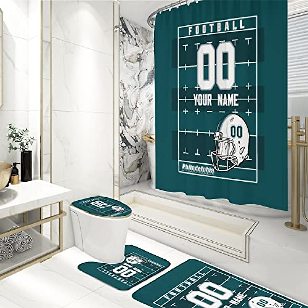 Custom Football Style Shower Curtain 4Pcs Set Personalized Bathroom Decor Gift Fashion Modern Home Supplies