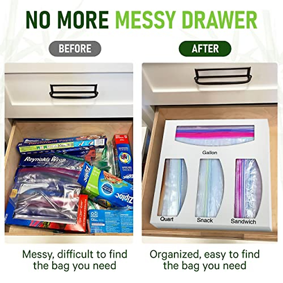 Neat Freak Baggie Organizer Dispenser – 4-in-1 Ziploc Bag Storage Organizer for Drawer – Bamboo Baggie Organizer For Wall– Ziploc Bag Organizer for Quart, Snack, Gallon, Sandwich - White Color.