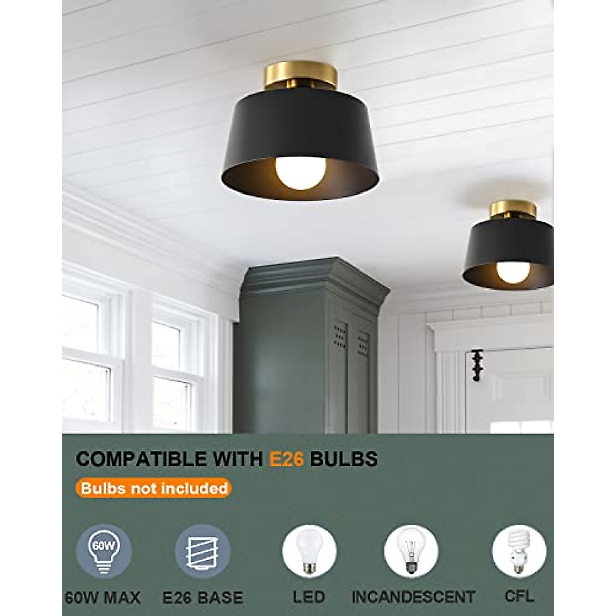 Ceiling Light Fixture, Hallway Ceiling Light with Gold Plate and Matte Black Shade, Modern Simple Style Porch Light Fixtures Semi Flush Mount (Black)