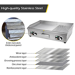 Dyna-Living Commercial Electric Griddle 29'' Flat Top Grill Countertop Griddle 4400W Stainless Steel Teppanyaki Grill Large Electric Griddles for Restaurant Kitchen(Without Plug)