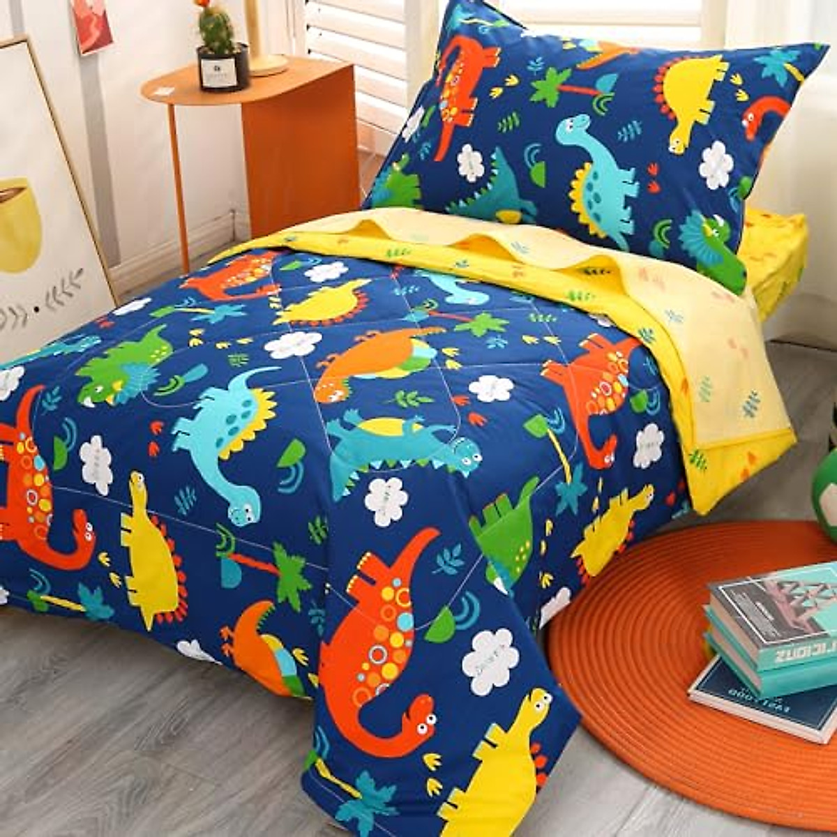Wowelife Dinosaur Toddler Bedding Sets for Boys Blue Premium 4 Piece Dinosaur Toddler Comforter Set Bed-in-a-Bag, Super Soft and Comfortable with Comforter, Flat Sheet, Fitted Sheet and Pillowcase