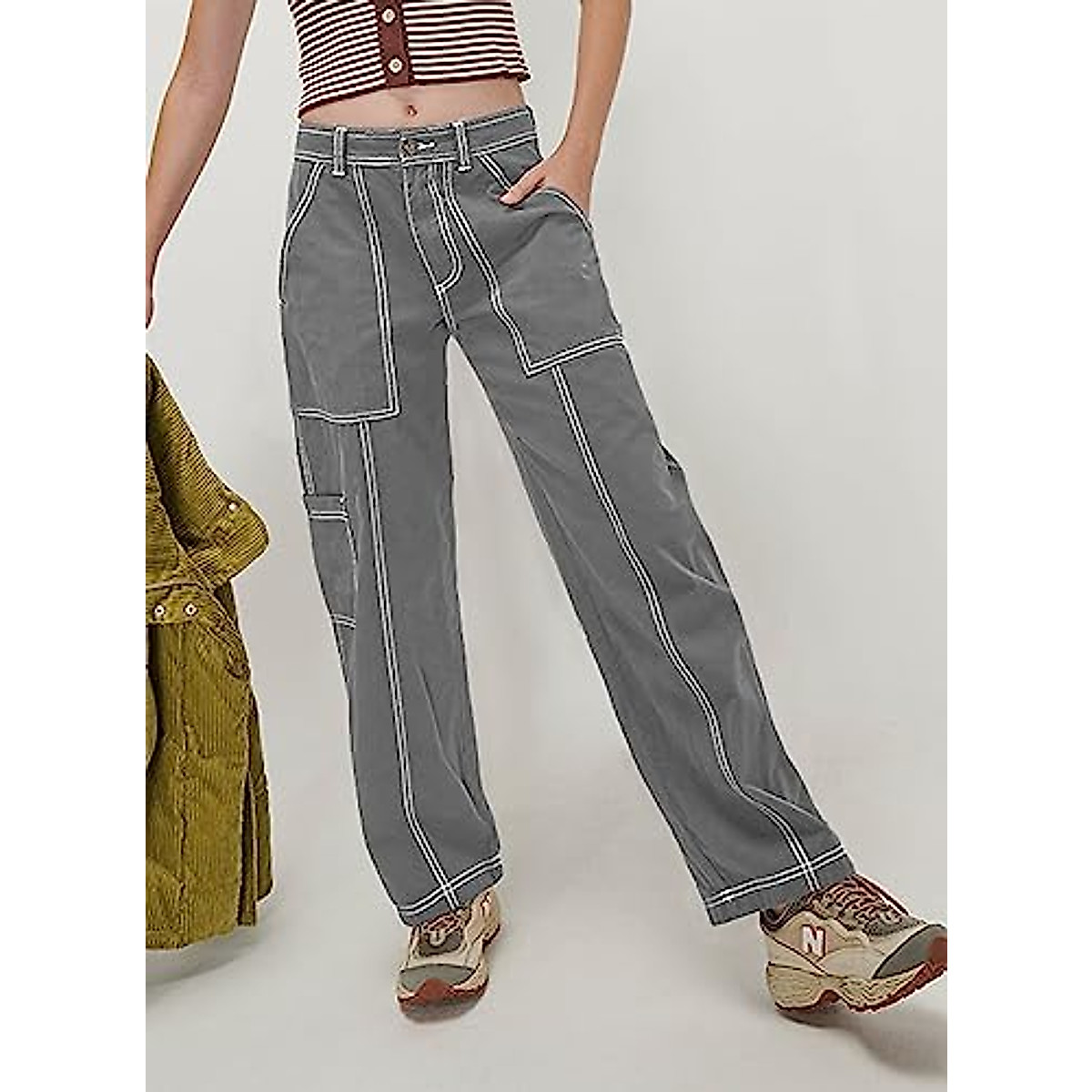 EVALESS Cargo Pants Women Baggy Casual High Waist Wide Leg Pants Fashion 2023 Y2K Street Contrast Stitching 5 Pockets Combat Military Trousers Gray US 6
