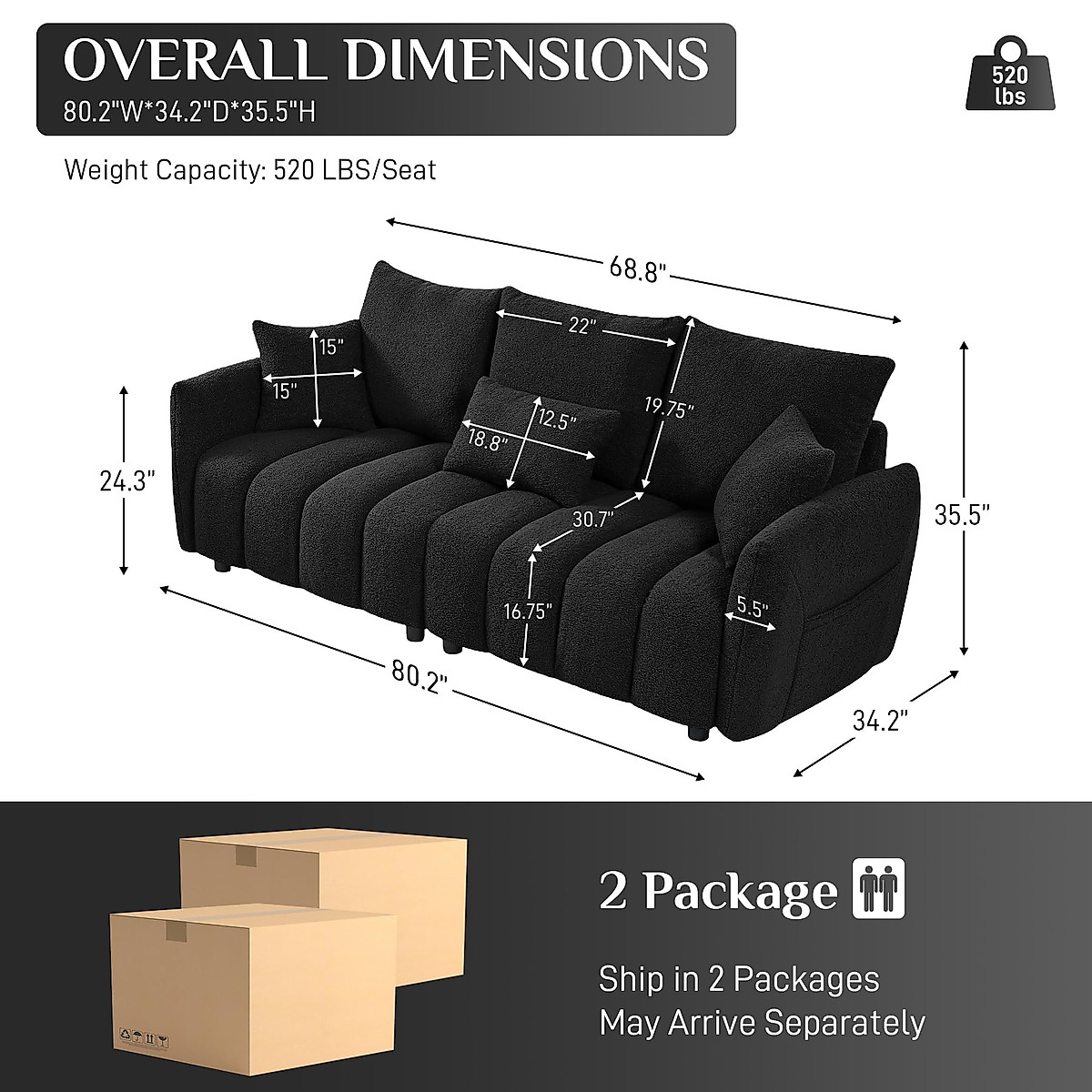 OUYESSIR Boucle Sofa Cloud Couch, 80.2" Modern Comfy Teddy Sofa Deep Seat Futon Couch with Pillows, Soft Upholstered 3 Seater Sofa Oversized Loveseat Sofas for Living Room, Apartment, Black