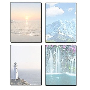 Scenic Stationery Variety - 4 Beautiful Designs - 80 Sheets - Lighthouse, Waterfall, Mountain, & Ocean Beach Sunset