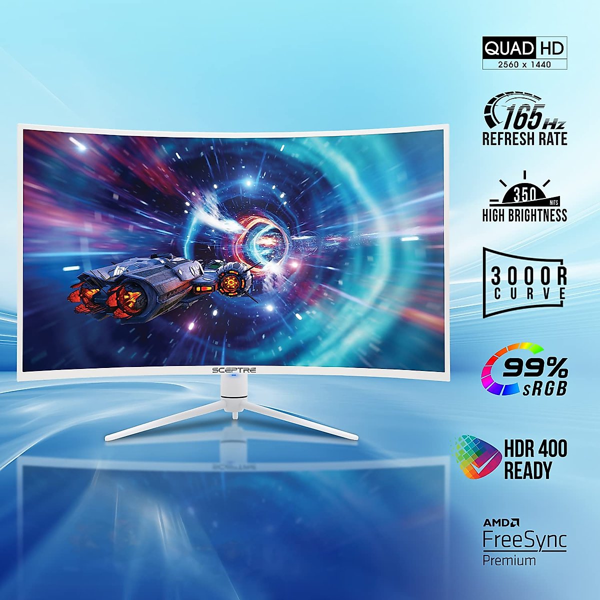 Sceptre Curved 40" Class 16:9 QHD 2560x1440 Gaming Display DisplayPort up to 165Hz AMD FreeSync Premium HDR400, 1ms MPRT 3000R Height Adjustable Nebula Series White (C408B-QWN168W)