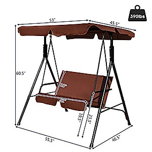 Tangkula 2 Person Porch Swing, Outdoor Swing with Removable Cushions, Solid Steel Structure, Patio Swing with Adjustable Canopy for Porch, Backyard, Garden, Balcony