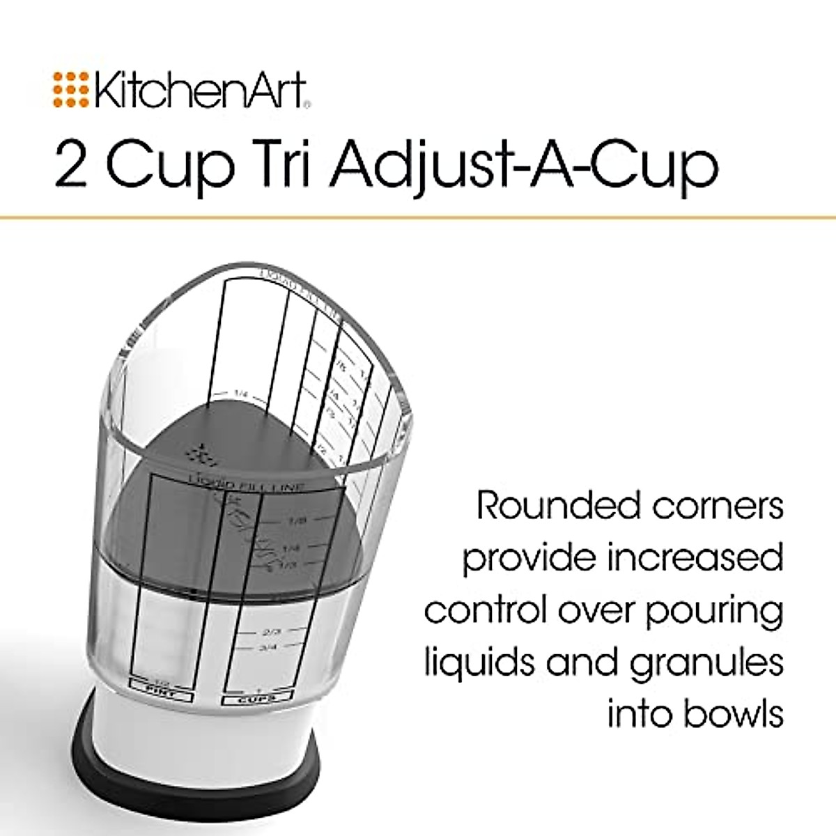 KitchenArt 2 Cup Tri Adjust A-Cup, Easy Pour Measuring Cup, 3.25x3.25x6", Black/White
