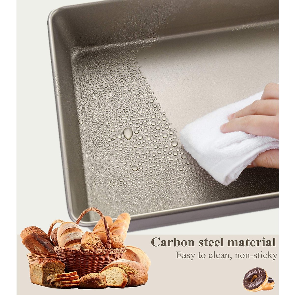 SuperMa 3 Pack Deep Baking Pans Set Nonstick Rectangular Cookie Sheets 9 11 13 Inch Baking Sheets for Baking Bread, Toaster Bakeware Gold