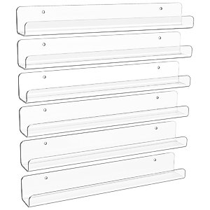 upsimples 6 Pack Clear Acrylic Shelves, 12" Nursery Book Shelves for Wall, Floating Bookshelf for Kids Baby, Vinyl Display, Record Holder, Magazine Rack, Picture Ledge Shelf