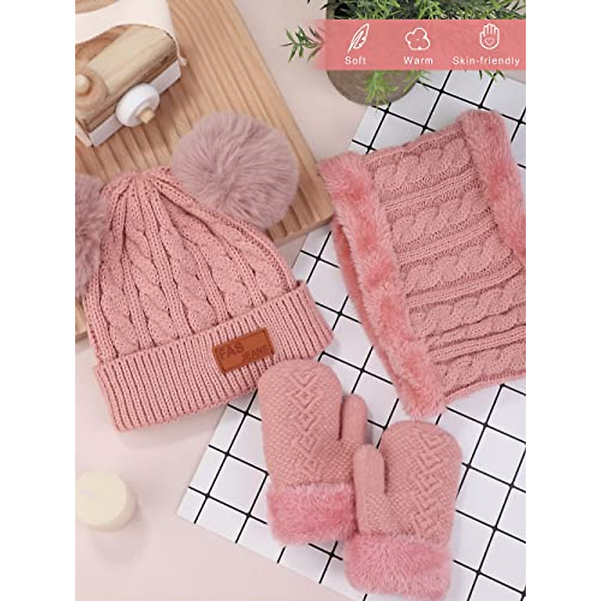 Cooraby 3 Pieces Toddler Winter Knitted Hat Scarf Gloves Set Knit Fleece Lined Thermal Set for Boys Girls, Coral
