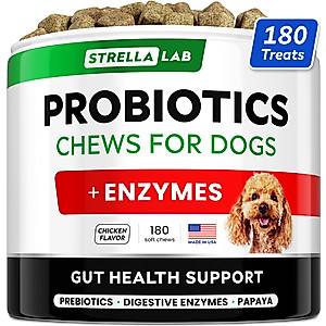 STRELLALAB Dog Probiotics Treats for Picky Eaters - Digestive Enzymes + Prebiotics - Chewable Supplement - Allergy, Diarrhea, Gas, Constipation, Upset Stomach Relief - Improve Digestion, Immunity