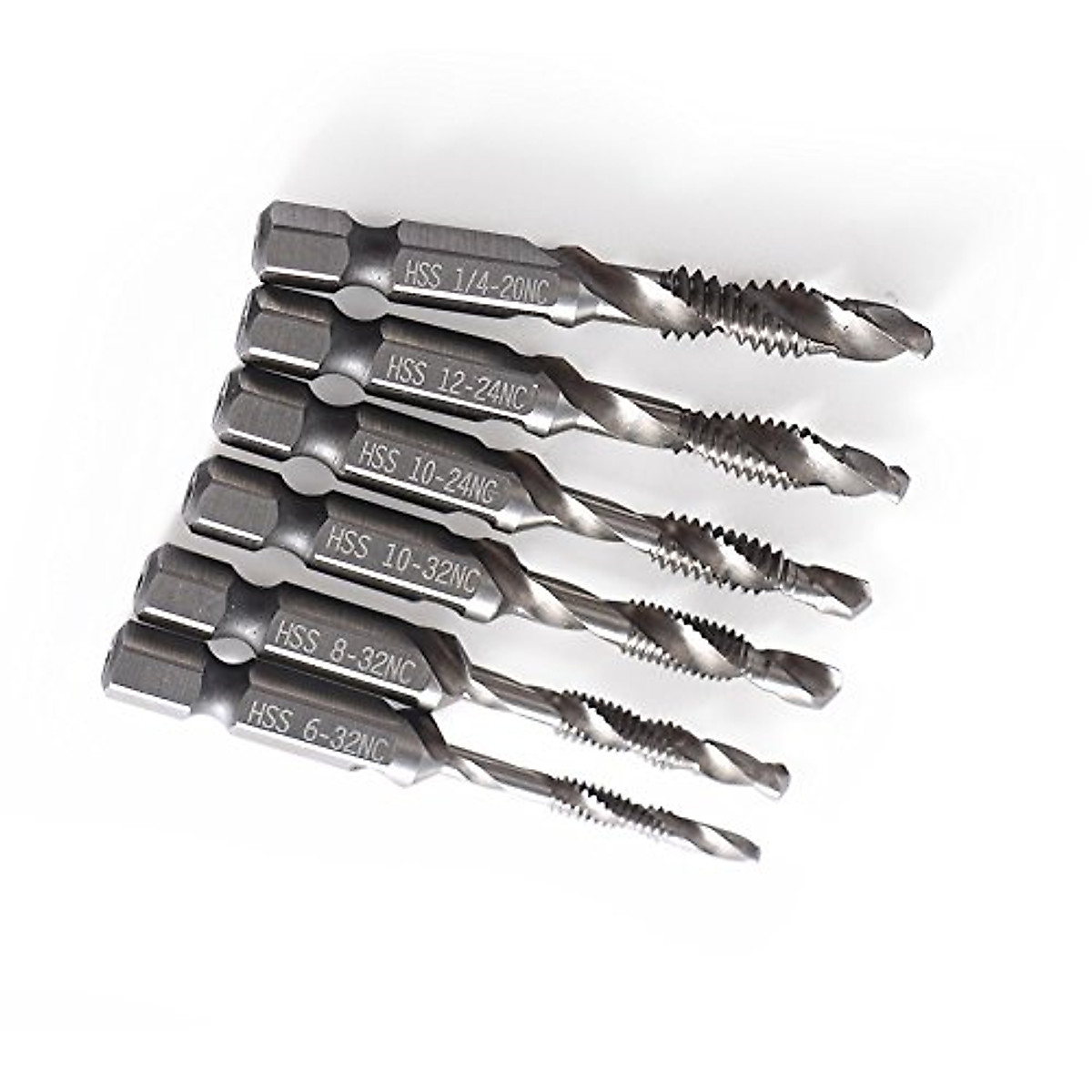 6Pcs Hex Shank HSS 4341 Combination Drill and Tap Bit Set Drill Bit & Screw Tap Deburr Countersink Bit 6-32NC 8-32 NC 10-32 NC 10-24 NC 12-24 NC 1/4-20 NC, Set of 6 (Silver HSS 4341)
