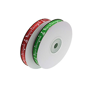 ATRibbons 50 Yards 3/8 Inch Merry Christmas Printing Grosgrain Ribbon Christmas Red and Green Ribbons for Gift Wrapping and Holiday Decorations,25 Yards/Spool x 2 spools (Red+Green)