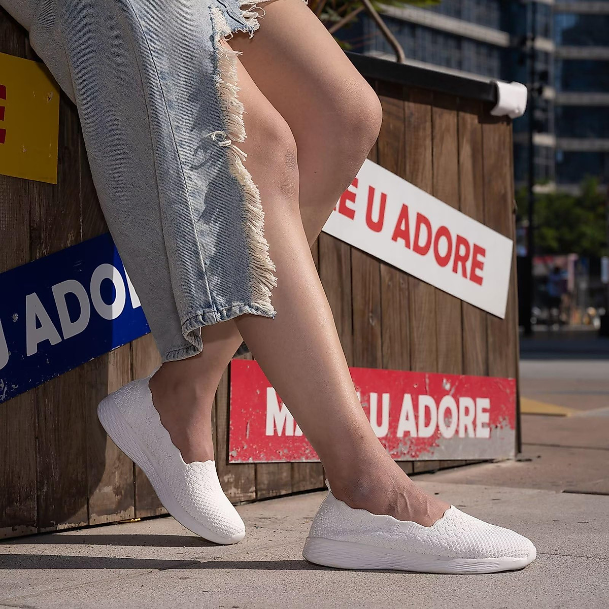 Puxowe Women's Slip on Wide Walking Flat Shoes-Comfortable Low-Top Knit Width Loafer Sneaker White Size 9 US