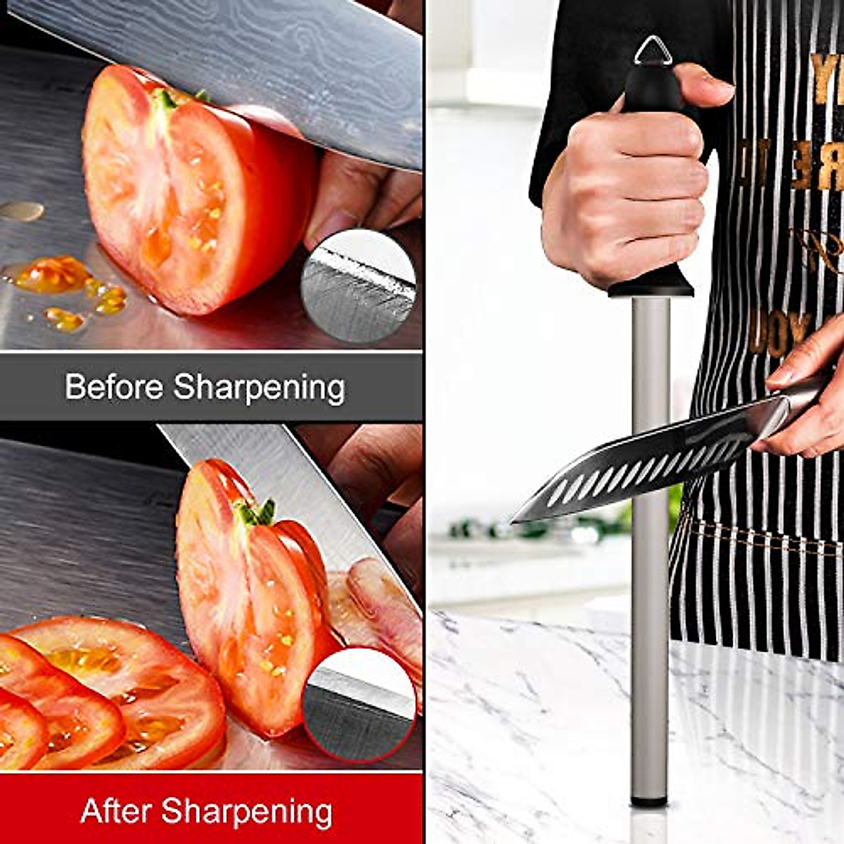 12 Inches Diamond Honing Steel Professional Knife Sharpener Rod, AHNR Kitchen Knife Sharpening Rod & Tungsten Carbide Multi-Sharpener for Honing Knife Blades, Pruning Shears, Garden Tools