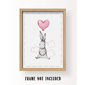 TJ Originals - Children's Nursery Bunny Wall Art - Unframed 11 x 14 Cute Colour Print - Makes a Great Gift for Family and Friends - Unique New Baby Gift, Under $20 Gift (Bunny Pink Balloon)