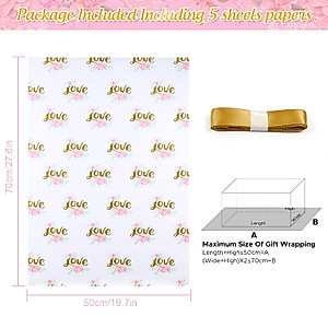 Wedding Wrapping Paper, Gold Love With Pink Floral White Groom Gift Wrap Folded Flat 5 Sheets 20x28 inches Per Sheet With Ribbon for Wedding Shower, Bridal Shower, Engagements, Birthday, Anniversary