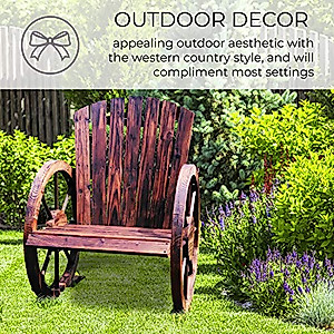 Wooden Wagon Wheel Chair Rustic Armrest Chair Outdoor Patio Furniture Wood Adirondack Chair, Slatted Seat for Garden Country Yard, Burnt-Finished - Backyard Expressions