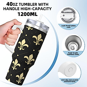 allgobee 40oz Stainless Steel Travel Mug With Handle,Fleur-De-Lis-Gold Insulated Coffee Tumbler With Lid And Straw