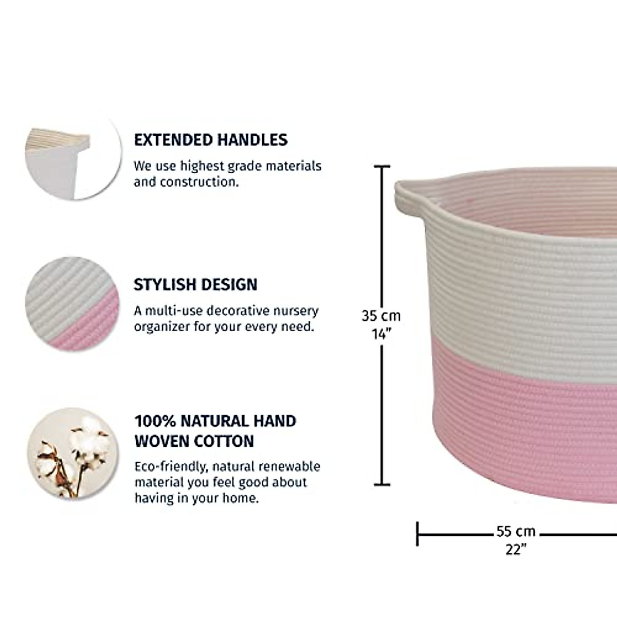 OrganiHaus XXX Large Cotton Rope Basket for Blankets Living Room | Blanket Basket & Storage Baskets for Organizing | Laundry Baskets for Storage Toy Basket for Baby | Large Woven Basket - Pink/White