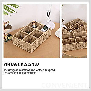 Zerodeko Rattan Divided Basket Storage Box: Woven Wicker Seagrass Storage Basket Khaki Rattan Compartment Bin Makeup Organizer Multipurpose Storage Container for Makeup Small Items