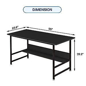 MASAKA B&W Study Computer Desk for Writing Room, 55" Home Office Desk with Wooden Storage Shelf, 2-Tier Wood Top Office Table with Metal