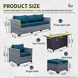 Lviden 6 Pieces Wicker Patio Furniture Sets Outdoor Conversation Set PE Rattan Sectional Sofa Couch with 45" Fire Pit Table and Peacock Blue Cushions