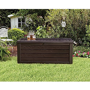 Keter Solana 70 Gallon Storage Bench Deck Box Grey & Westwood 150 Gallon Resin Large Deck Box-Organization and Storage for Patio Furniture Outdoor Cushions Garden Tools and Pool Toys Brown