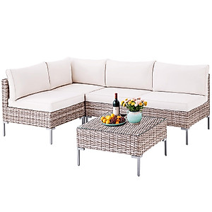 LuxaDomus Patio Furniture Set 5 Pieces, Outdoor Patio Conversation Set with Patio Table, Wicker Outdoor Sofa with Thickened Cushion, PE Rattan Outdoor Furniture Sectional Couch for Garden Backyard