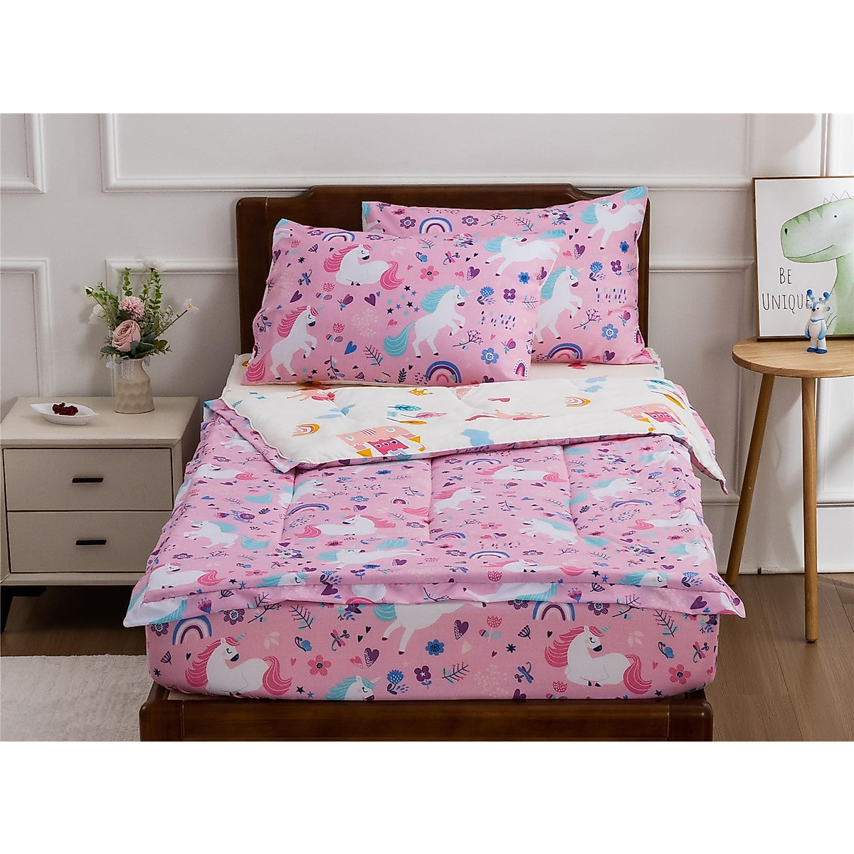 Meeting Story 3pcs Kids Comforter Sets Zipper Bedding Set for Girls,Twin Kid Bedding Set Rainbow Comforter Unicorn Bedding Set for Kid,All in one Zipper Bedding(Pink，Twin