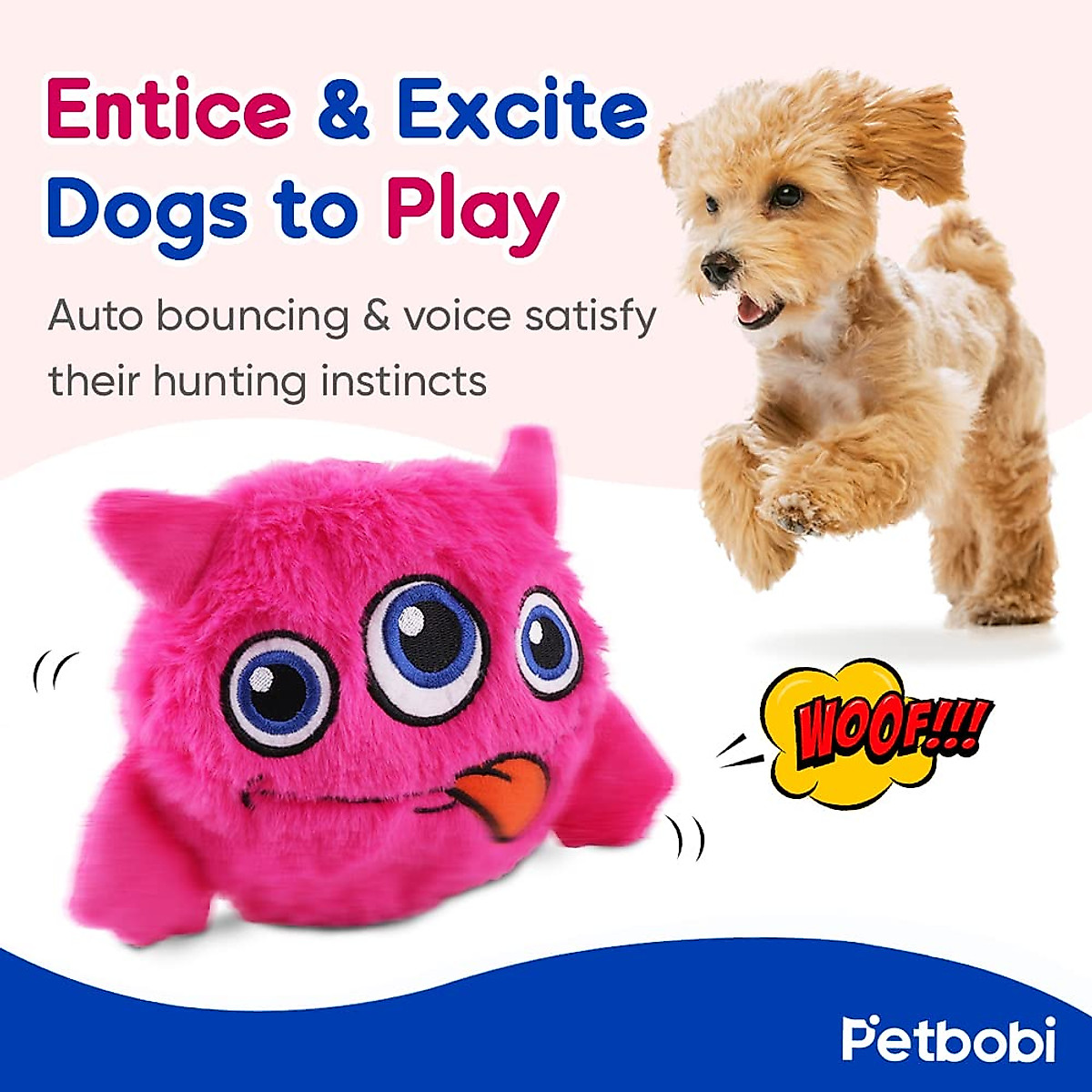 Petbobi Interactive Dog Toys Monster Active Ball for Dogs with Batteries, Self Moving Balls and Plush Cover for Small & Medium Dogs to Chase, Dog Toy Squeaky Crazy Bouncer Ball, Pink Bobby