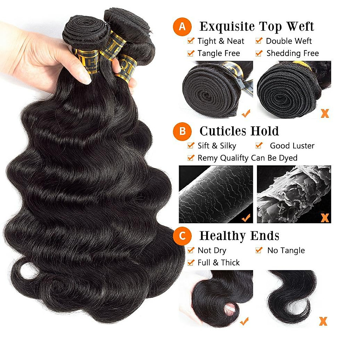 QTHAIR Brazilian Virgin Hair 16A Grade Body Wave Bundles 100% Unprocessed Virgin Brazilian Body Wavy Human Hair Bundles 20" 18" 16" 300g Brazilian Body Wave Human Hair Extensions