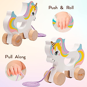 TOYLI Wooden Unicorn Push & Pull Along Toy Developmental Montessori Toddler Pull Toys Improves Balance Strength Confidence for Infants Develop Cognitive Skills Baby Toddlers 18 Month Pull Toy