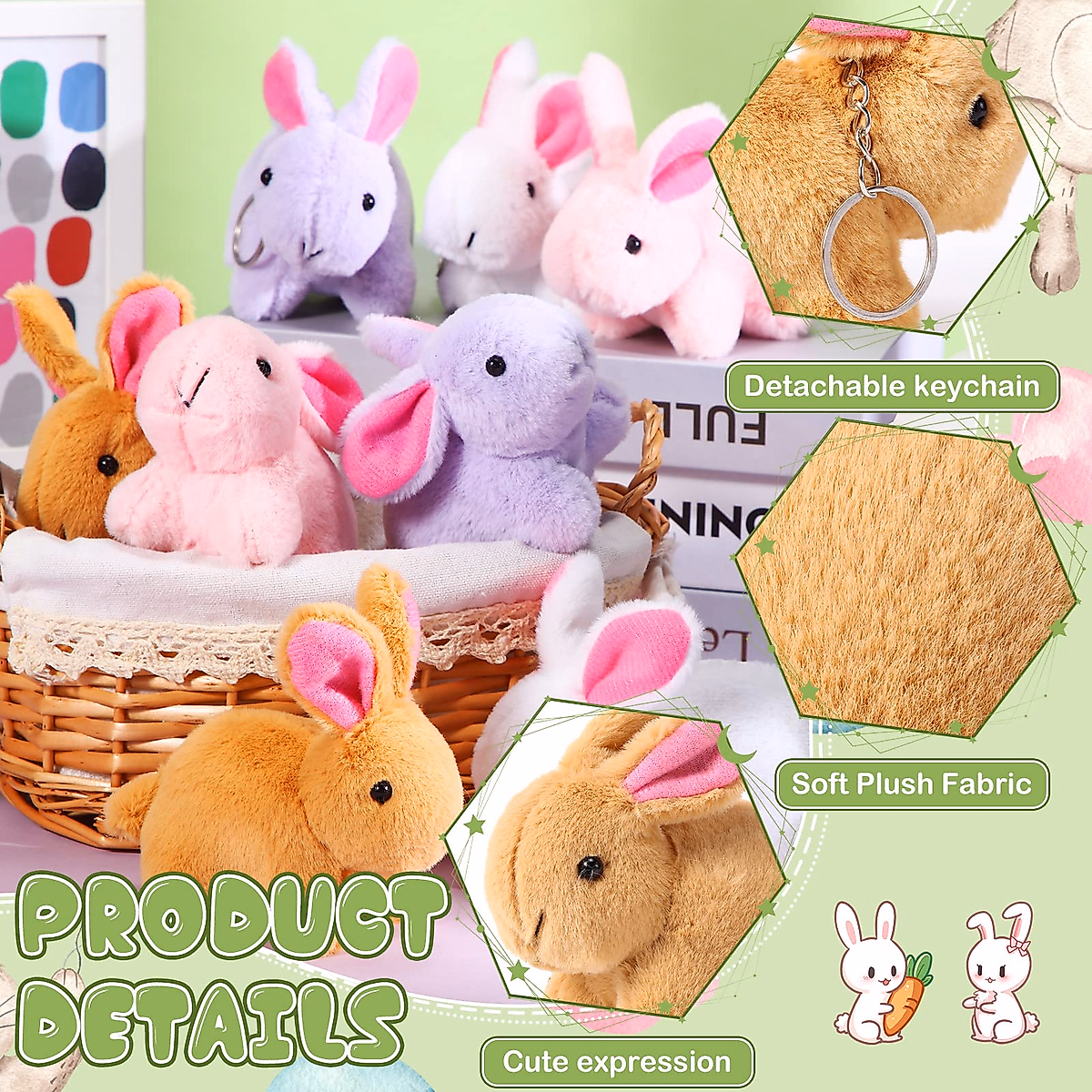 Sratte 16 Pcs Easter Bunny Stuffed Animal Bulk 4.7 Inch Small Plush Rabbit Keychains Detachable Bunny Party Favors Plushies Gifts for Birthday Baby Shower Easter Basket Stuffers Decorations