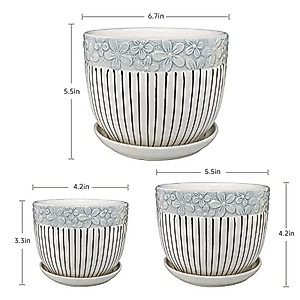 Ton Sin Grey Flower Pots,Texture Planter for Indoor Plants Set of 3 Ceramic Flower Pots with Saucer,Cute Garden Pots Succulent Pots（3 Pack,Grey