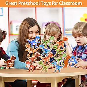 ACOUCB Wooden Dinosaur Stacking Toys for Kids 3-7, 16pcs Large Sensory Montessori Toys, Balance Competition Game Building Toys, Easter Basket Stuffers, Birthday Gift for Boys Girls