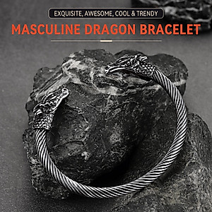 FaithHeart Dragon Head Cuff Bracelet for Male Adjustable Stainless Steel Punk Gothic Viking Bangles for Boyfriend