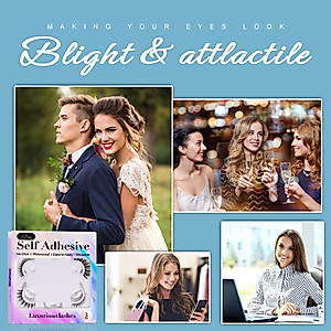 SQYlashes Glueless Lashes, Adhesive Lashes no Glue, Stick on Lashes, Self Adhesive Eyelashes Natural Look, Reusable and Waterproof (Black Color, 3 Pairs)