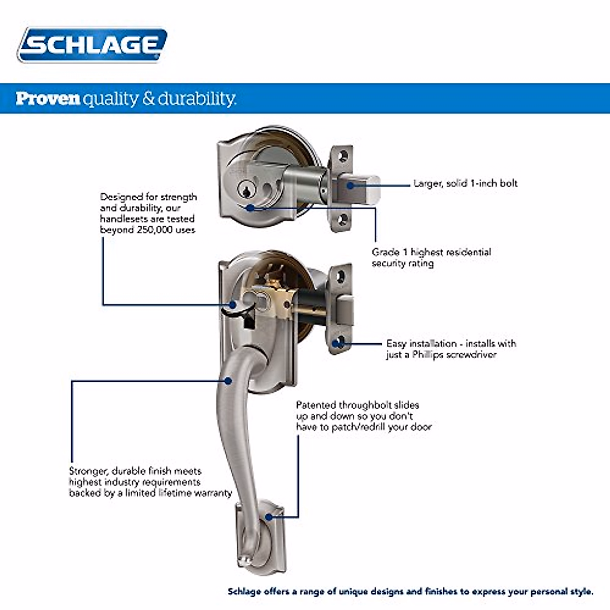 Schlage Brookshire Single Cylinder Handleset and Siena Knob, Matte Black (F60 BRK 622 SIE)