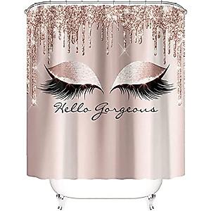 Vivianbuy 4 Pcs Pink Bling Eyes African American Bathroom Shower Curtain Sets with Rugs Toilet Lid Cover and Bath Mat,Black Women Bathroom Set with Waterproof Fabric Bathroom Curtain and 12 Hooks