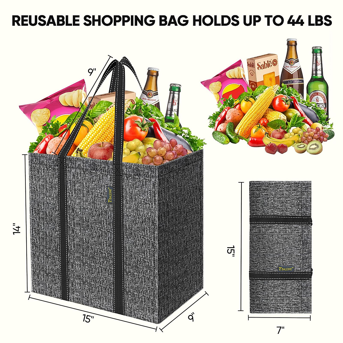 BALEINE 4 PK Grocery Bags Reusable Shopping Bags with Reinforced Bottom, Heavy Duty Foldable Tote Bags (Grey)