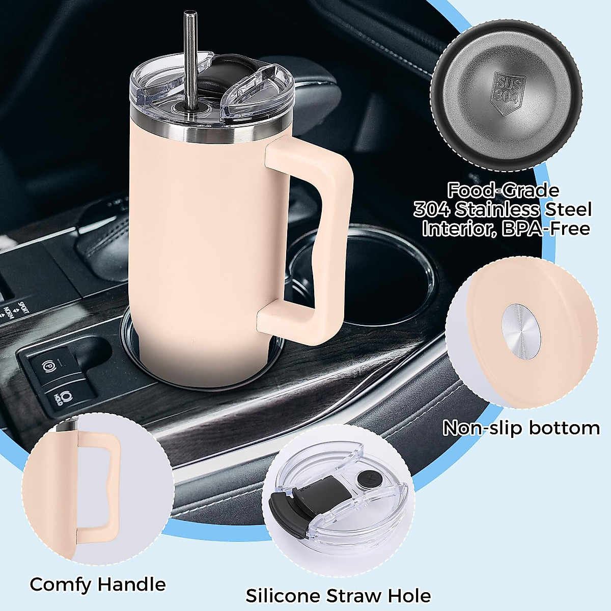 LATTPLYN 40 oz Tumbler with Handle and Straw Lid Insulated Cup Stainless Steel Water Bottle Travel Mug Gifts for Women Men Kids Trek Collection Thermoses Apricot