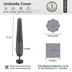 STEECA Patio Waterproof Umbrella Cover - Outdoor Market Parasol Cover with Zipper Fits Umbrella Up to 12 Feet, Black