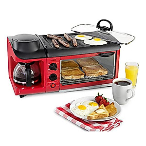 Nostalgia Retro 3-in-1 Family Size Electric Breakfast Station, Non Stick Die Cast Grill/Griddle, 4 Slice Toaster Oven, Coffee Maker, Red