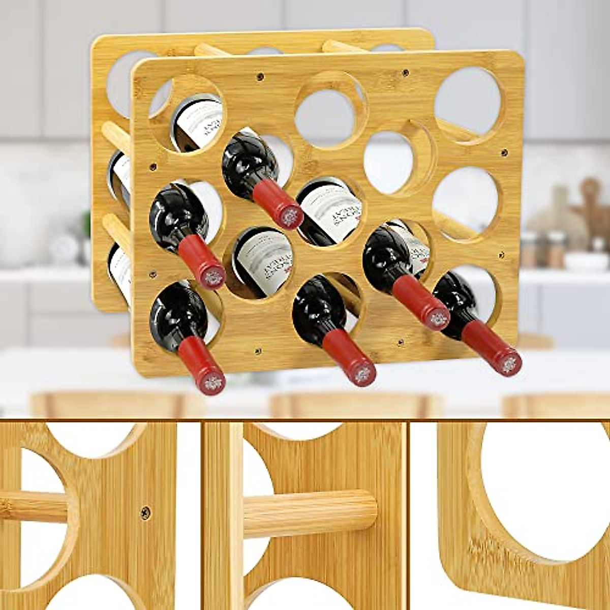 Diosbles Bamboo Countertop Wine Rack, Luxurious Wine Holder, Wine Bottles Organizer Stand, Water Bottle Organizer, Holds 13 Bottles