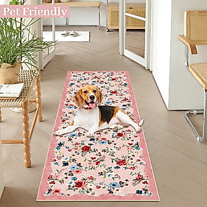 Rug Runners for Hallways, Kitchen Runner Rug Non-Slip, 2x6 Washable Runner Rug, Throw Rugs with Rubber Backing, Soft Floral Rug Low Pile Carpet Runner for Laundry Room and Entryway-Pink