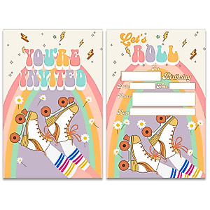 Retro Roller Skate Birthday Party Invitations with Envelopes Set of 20 Let's Roll Skating Party Invitations Kids Rainbow Skate Invites Fill in Blank
